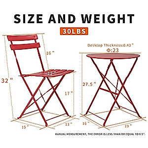 HCY Patio Bistro Set Outdoor Table and Chairs 3 Piece Patio Furniture Set Metal Folding Bistro Table Set Small Patio Set for Yard Porch Cafe Bistro Lawn Balcony Backyard Apartment (Red)