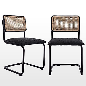 Zesthouse Natural Rattan Dining Chairs Set of 2, Modern Kitchen Chairs with Solid Wood Back for Dining Room Living Room, Mid Century Breuer Design Inspired, Upholstered Boule Fabric, Black