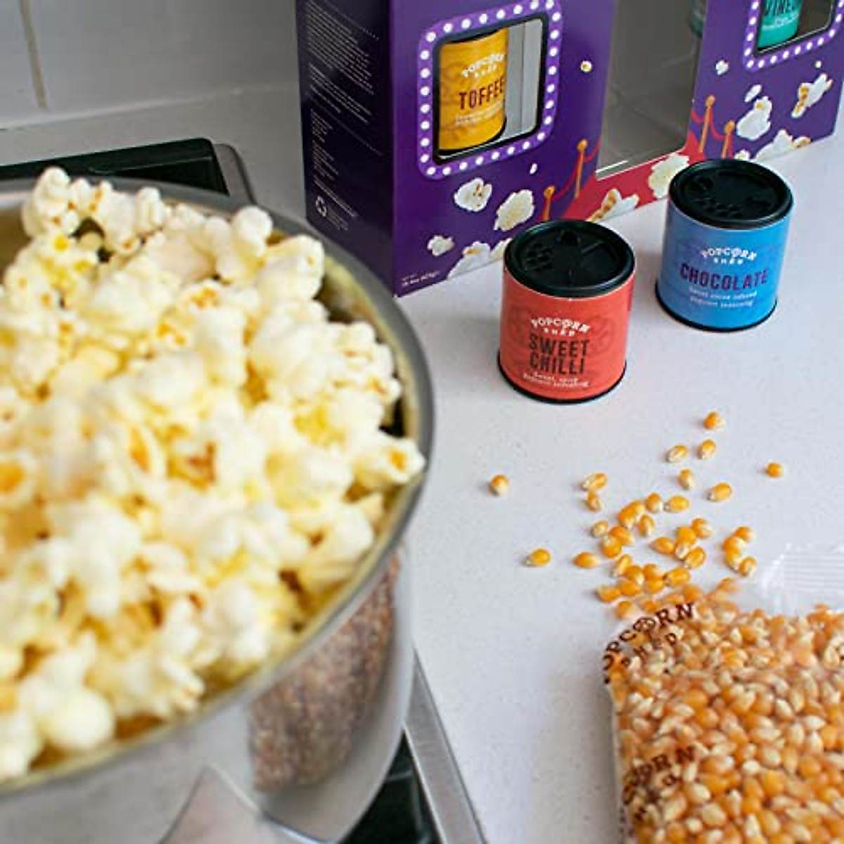Popcorn Seasoning Kit, Make Your Own Popcorn, Five Delicious Popcorn Seasonings Set + 18oz Popcorn Kernels, Vegan and Gluten Free - Movie Night Gift - Imported from the UK - British Candy from England