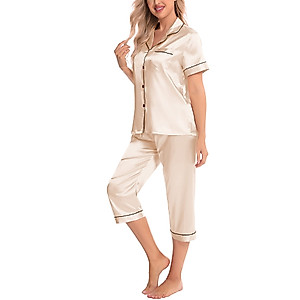 SWOMOG Women 3 PCS Silk Satin Pajama Set Short Sleeve Pjs Set Button Down Sleepwear Bridal Lounge Sets Shorts and Capri Pants Pink