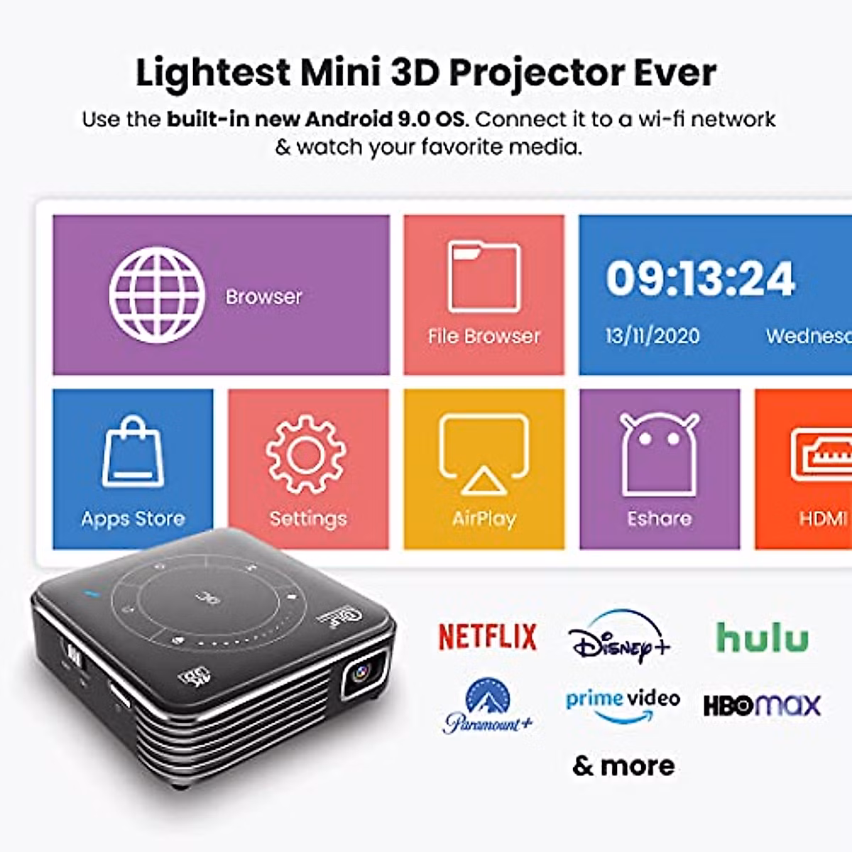 Sentrym L1 Ultra Mini 3D Portable Projector, Android 9.0, Bluetooth 5.0, Dual Band Wi-Fi, 16GB, 2GB Ram, 2 Hour Battery Life, Touch Navigation, Auto Keystone, 0.4lb (Free Tripod Stand Included!)