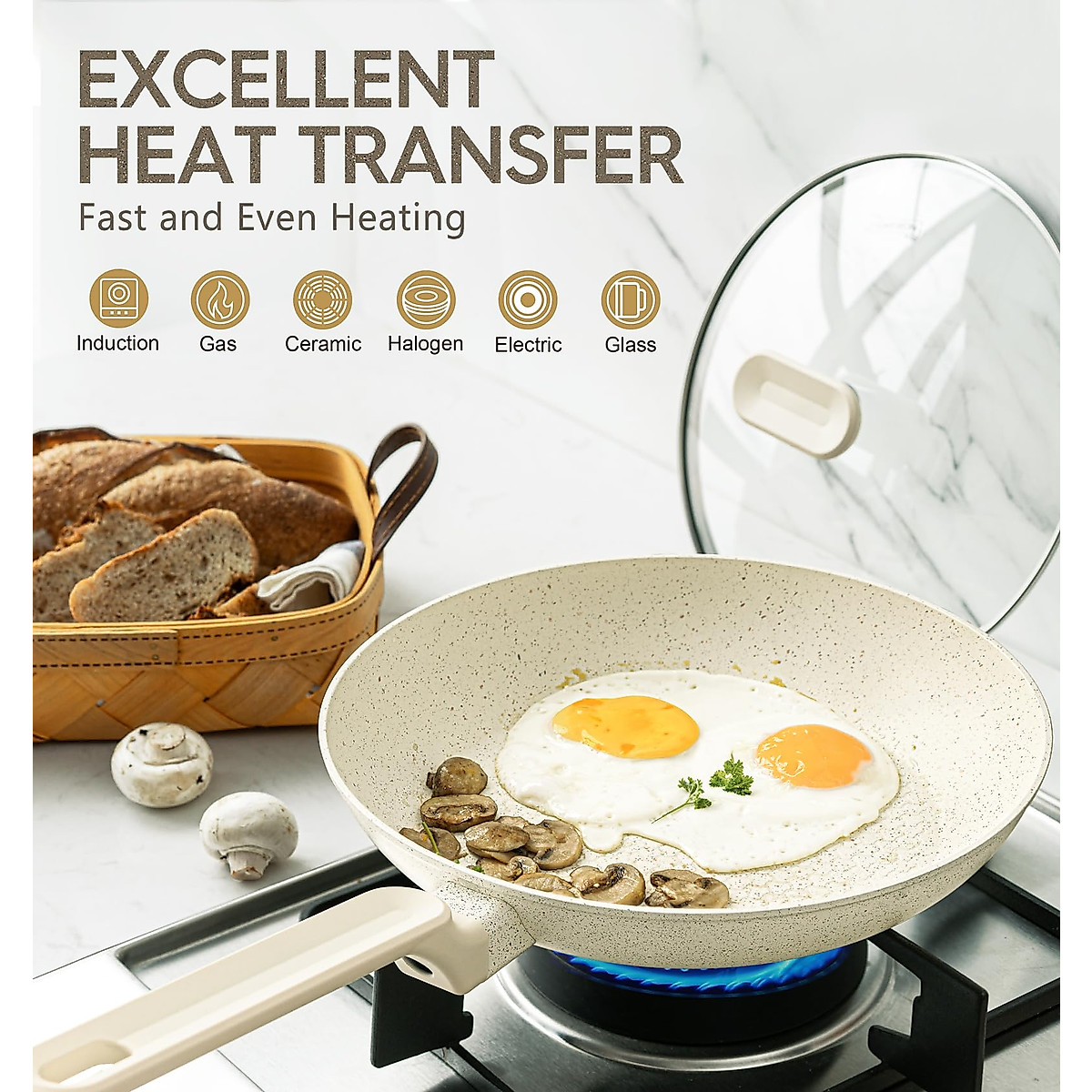 MICHELANGELO Frying Pan with Lid, Nonstick Frying Pan 10 Inch with Non-Toxic Granite Coatings, Nonstick Frying Pan with Lid, Stone Skillet, Nonstick Pan 10 Inch, Induction Compatible