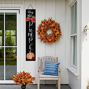 ARTUFAN Fall Wooden Porch Sign with 'Hey there pumpkinf'and orange burlap bow,Welcome Sign for Porch Farmhouse Thanksgiving Autumn Front Door Decor -47.2"