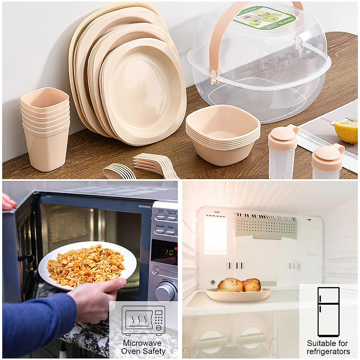 amokk 47 Pcs Plastic Cultery Sets for 6, Reusable Plates and Bowls Sets Portable Dinnerware Set for Pixcnic, Camping, Travel, Outdoor, Home Party