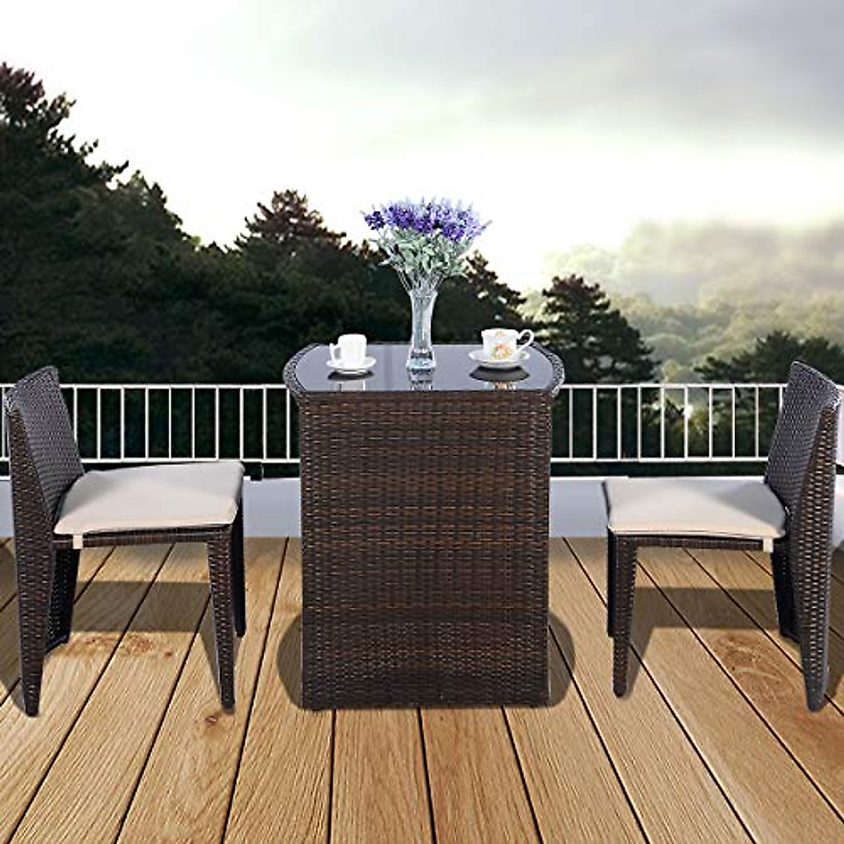 HAPPYGRILL 3PCS Patio Wicker Bistro Set Outdoor Rattan Dining Set Patio Furniture Set with Cushions, Space Saving Design, No Assembly Required