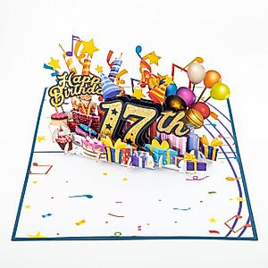 iGifts And Cards Happy 17th Blue Birthday 3D Pop Up Greeting Card – Awesome 17 Birthday Card Daughter, Son, Turning Seventeen Birthday Gift Grandson, Granddaughter, Unique Present, 5" X 7"