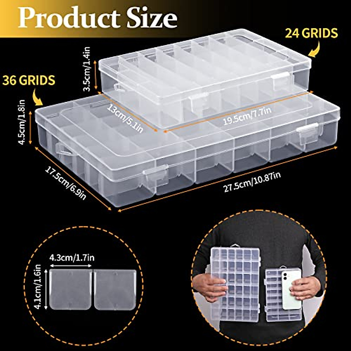 2 Pack 36 Grids Clear Plastic Organizer Box, Storage Container with Adjustable Divider, Craft Organizers and Storage Bead Storage Organizer Box for DIY Jewelry Tackles with 2 Sheets Label Stickers