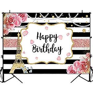 Sensfun Paris Birthday Backdrop Eiffel Tower French Theme Birthday Photo Background 7x5ft Pink Roses Ooh La La Black White Stripes Floral Happy Birthday Backdrops Decorations