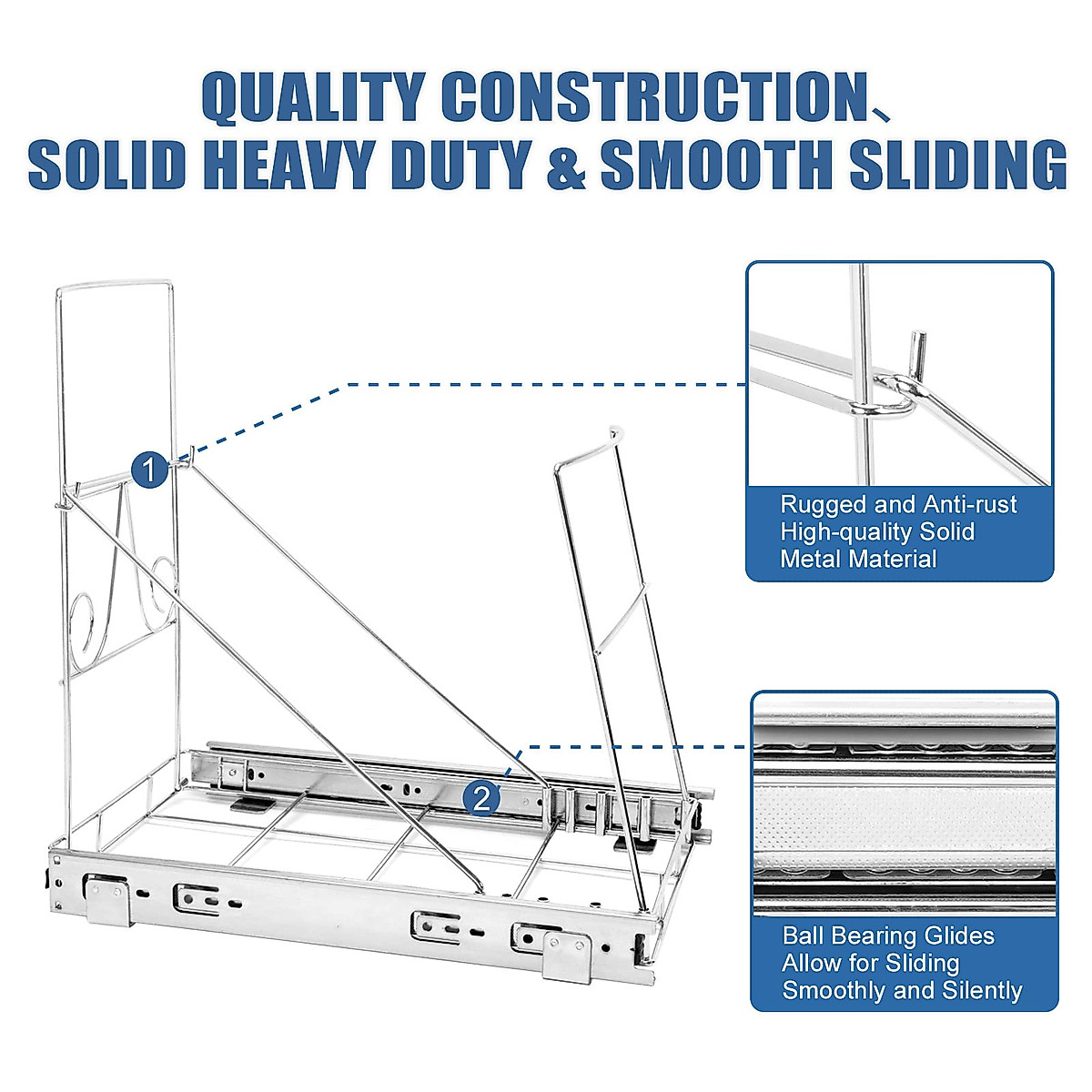 NICVSLEC Adjustable Under-Sink Trash Can, Chrome Steel, 100-Pound Capacity, Pull-Out Slide, Fits 7-11 Gallon Bins
