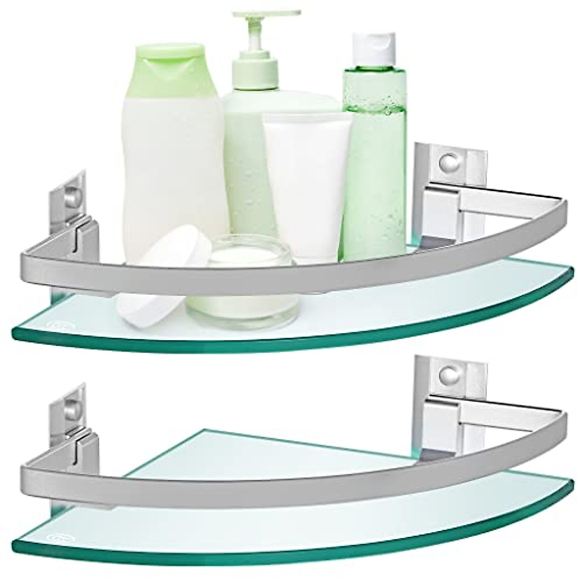 Sanbege 2 Pcs Tempered Glass Corner Shelf with Rail & Brackets, 9.5" x 9.5" Floating Shower Caddy, Wall Mounted Shampoo Holder Organizer for Bathroom, Kitchen, Living Room