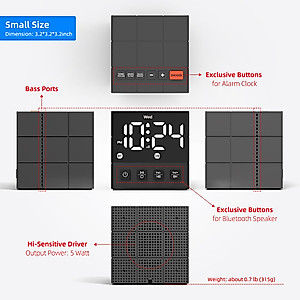 Loud Alarm Clock Bluetooth Speaker with Crystal-Clear Sound, Rich Bass, Dimmable LED Display, Small Bedside Digital Clock for Bedroom | Super Loud Alarm Clock for Heavy Sleepers, Adults, Teens - Black