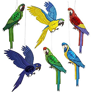 Hanging Parrot Paper Honeycomb Decorations for Tropical Birthday Party (6 Pack)