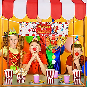 Jutom 45 Pcs Carnival Tabletop Decorating Kit Carnival Circus Concession Stand Decor Red White Striped Table Skirt Welcome to The Carnival Banner Popcorn Boxes Balloon for Carnival Party Decor