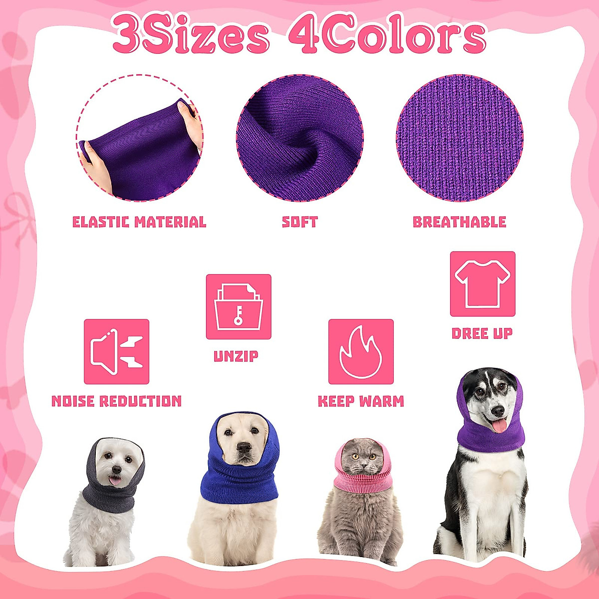 Saintrygo 4 Pcs 3 Size Snoods for Dogs Pet Dog Ear Wrap Cover Dog Sound Proof Ear Muffs for Dogs Barking and Bathing Warm Winter Dog Ear Scarf for Calming Pet(Gray, Pink, Blue, Purple)