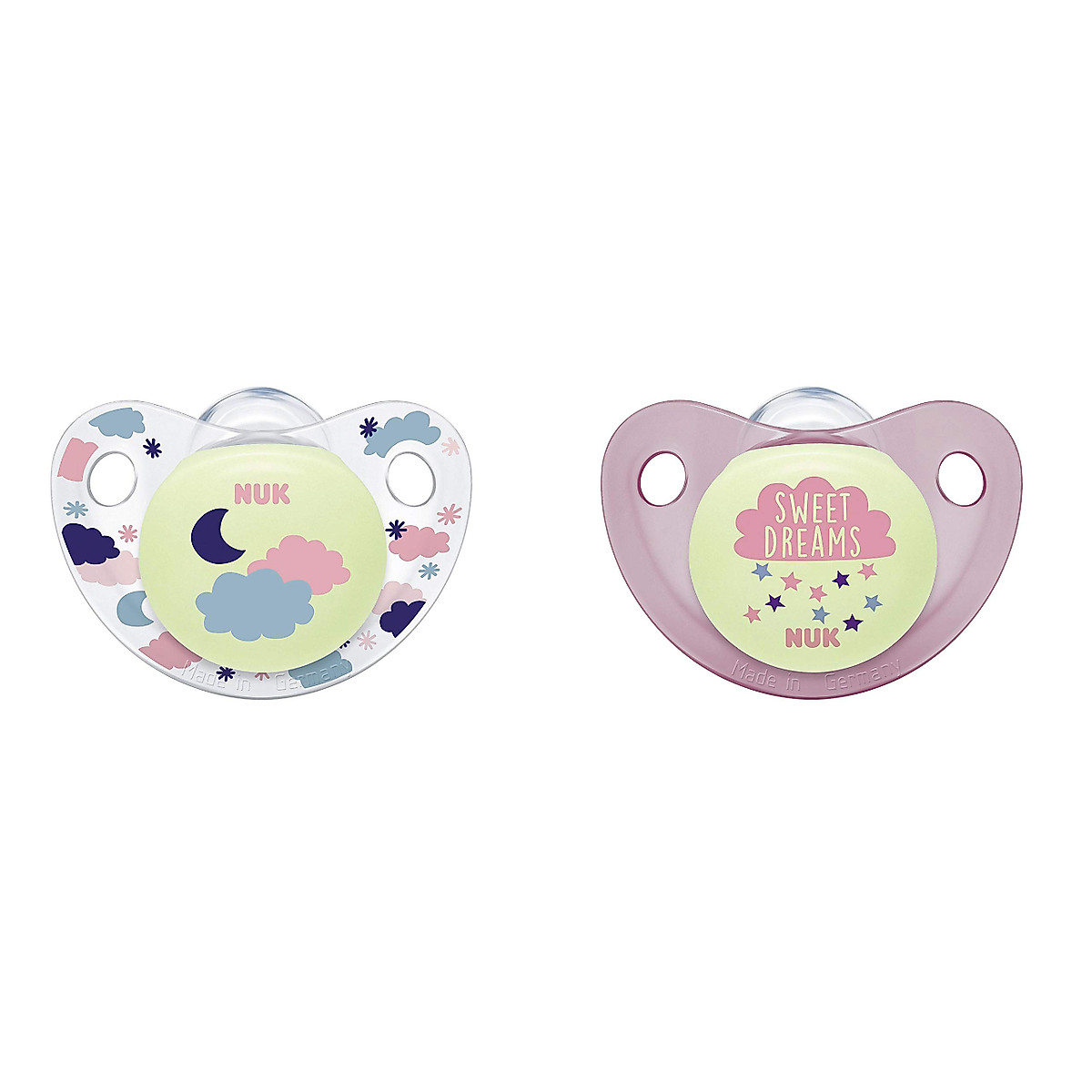 NUK Cute-as-a-Button Glow-in-The-Dark Orthodontic Pacifiers, Baby Girls, 0-6 Months, 2-Pack, 0.09 Pounds