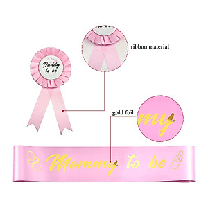 SKJIAYEE Baby Shower 'Mommy to Be' and 'Daddy to Be' Badge Pins and Sash Kit(3 pcs, Pink) for Girl, Welcome Baby Gender Reveals Party Baby Sprinkle Gifts