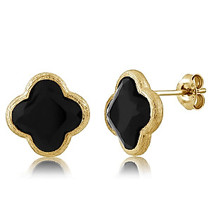 Gem Stone King 18K Yellow Gold Plated Silver Flower Shape Clover Designs Black Onyx Diamond Cut Stud Earrings For Women