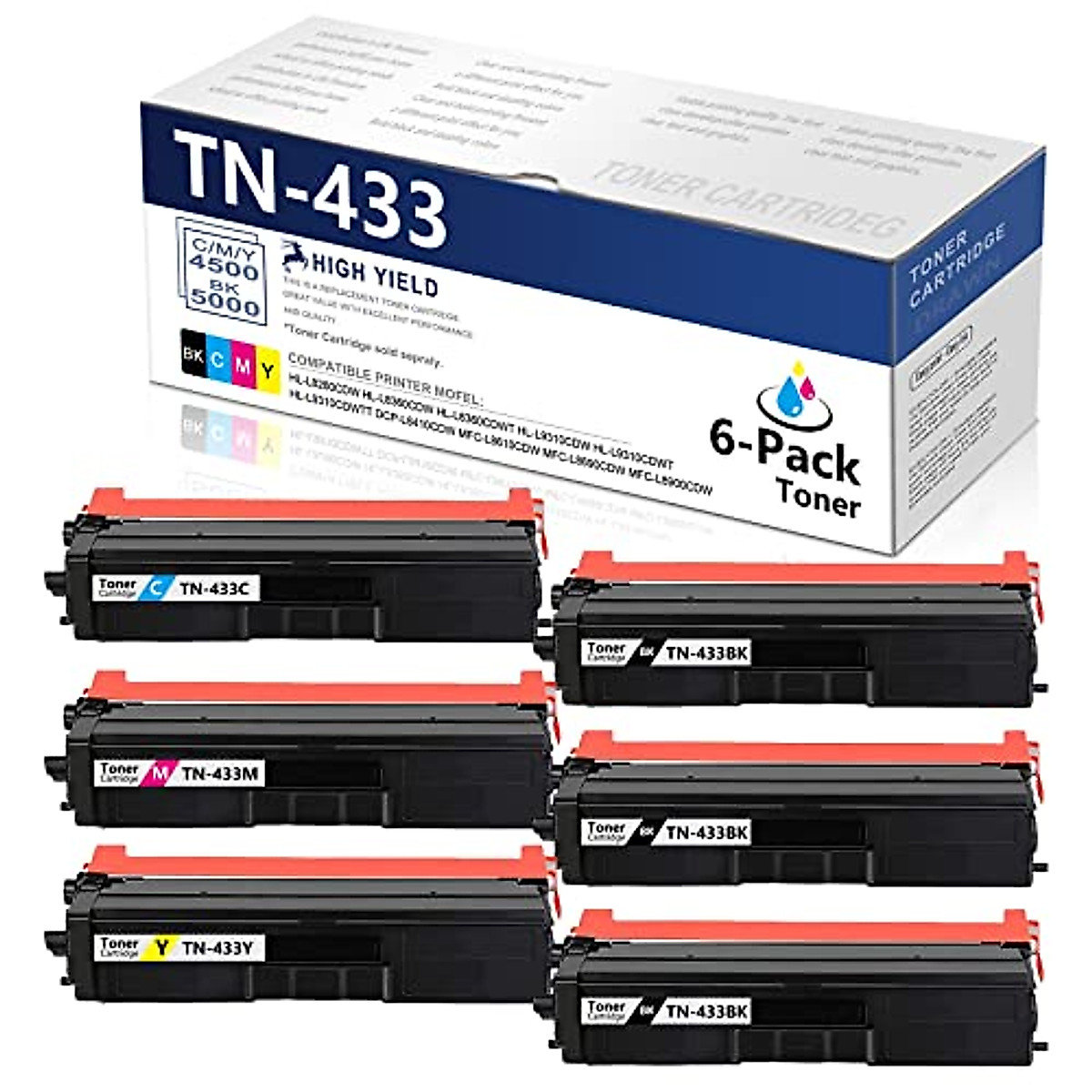 TN433 Toner Cartridge -DRA Compatible TN433BK TN433C TN433M TN433Y Toner - (6-Pack,3BK+1C+1M+1Y) Replacement for Brother HL-L8360CDWT HL-L9310CDW MFC-L8610CDW MFC-L8690CDW Printer | TN-433 Toner