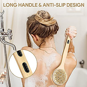 Dual-Sided Long Handle Shower Brush with Soft and Stiff Bristles,Tukuos Back Scrubber Exfoliating Body Scrubber for Wet or Dry Brushing Bath Shower Body Brush
