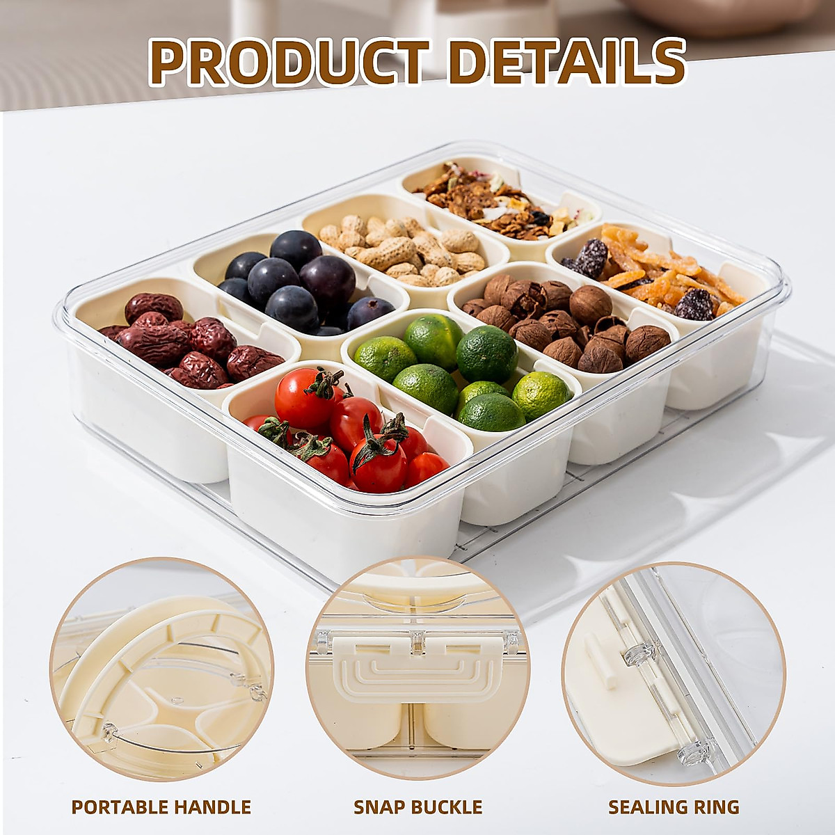 TYigao Divided Serving Tray with Lid and Handle - Portable Snackle Box Charcuterie Container, Clear Snack Platter Organizer for Fruits, Candy, Nuts, Snacks - Ideal for Party, Travel & Picnics