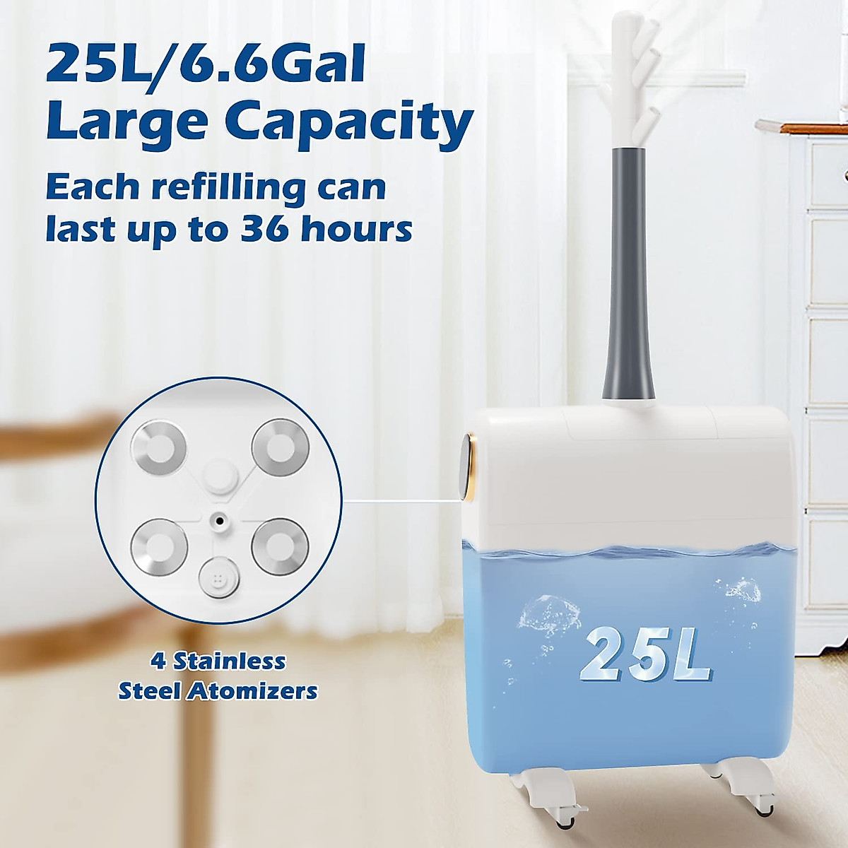 Humidifiers for Large Room Home, 6.6Gal/25L Large Humidifier Whole House Humidifier 3000 sq.ft, Cool Mist Top Fill Floor Commercial and Industrial Humidifiers, 360° Nozzle Sets, 3 Speed, Remote