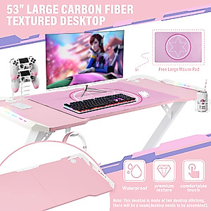 YOUTHUP Gaming Desk with LED Lights, 55 Inch Z Shaped Game Desk for PC Gamer, Ergonomic Racing Style Computer Table Workstation with Remote Control, Headphone Hook, Cup Holder, Handle Rack, Pink