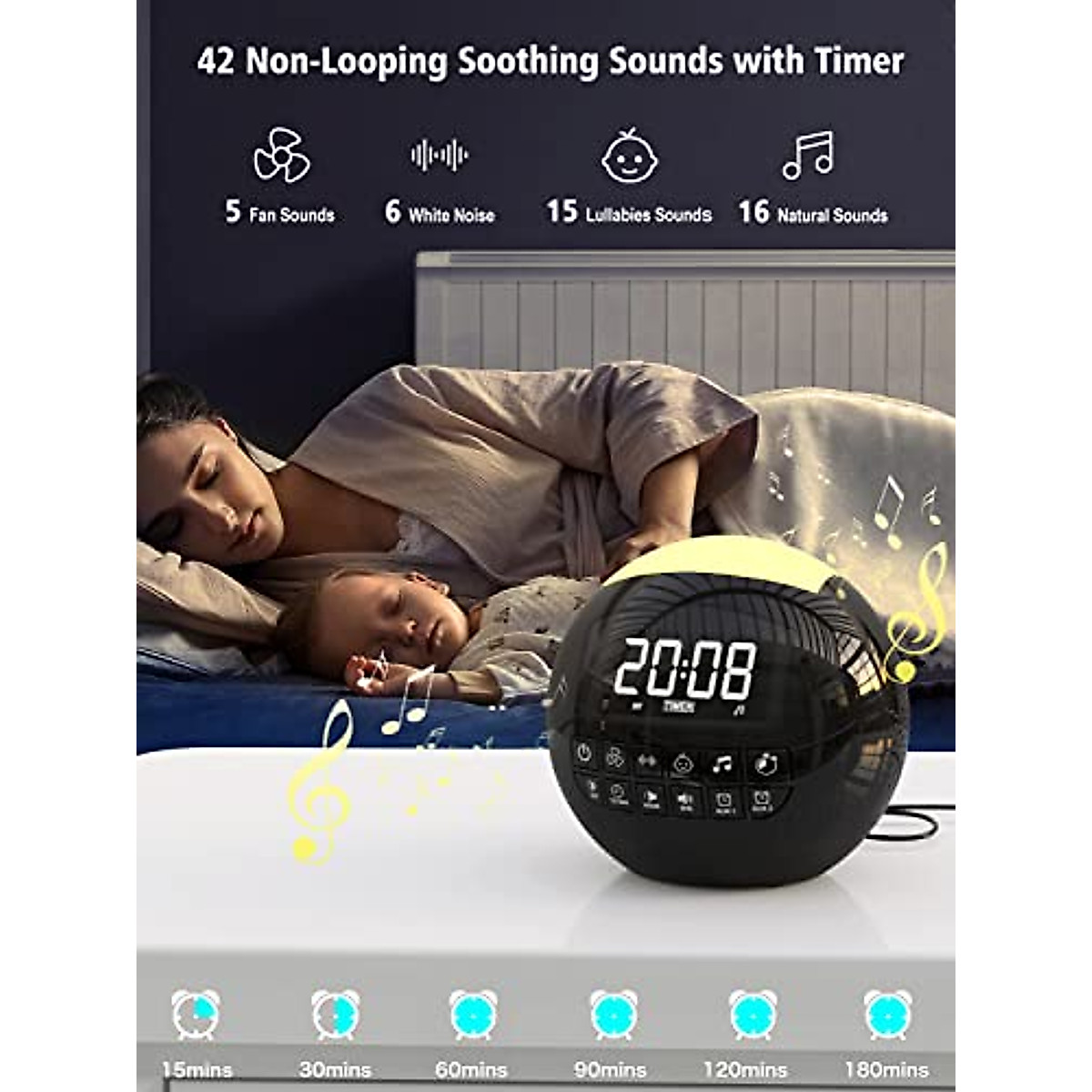 White Noise Machine with 42 Non Looping Natural Sleeping Sounds for Baby Adults,Dual Alarm Clock for Bedrooms with 2 Charger Ports,7 NightLights,6 Timers,9 Alarms,Adjustable Brightness,Memory Function