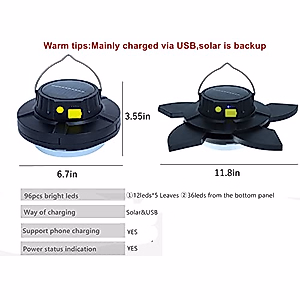 HULPPRE Solar Camping Lantern with USB, 5+1 Leaves 96leds Brighter Portable Tent Lights, Support Phone Charging Emergency Solar Lantern Lamp for Hurricane,Hiking,Chicken Coop,Canopy,Shed/Barn