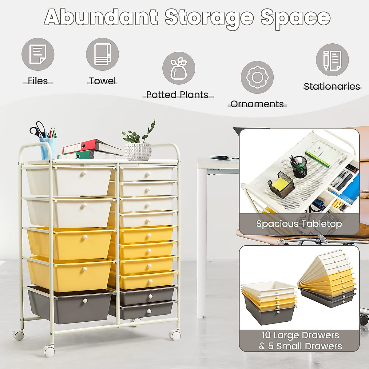 SILKYDRY 15 Drawers Rolling Storage Cart, Mobile Utility Drawer Cart with Lockable Wheels for Crafts, Tools, Arts Supplies, Multipurpose Organizer Cart for Home Office School