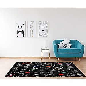 LOKMU Non-Slip Area Rugs Back to School Blackboard Chalk Drawings Crayons Markers Rulers Home Decor Rugs Carpet for Classroom Living Room Bedroom Dining Kindergarten Room 5'x7'