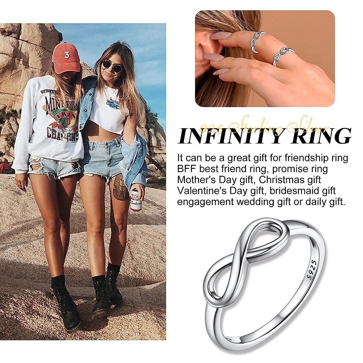 Bestyle S925 Sterling Silver Women Promise Rings Infinity Love Engagement/Wedding Band for Women, High Polish Cute Plain Finger Silver Rings,Size 10