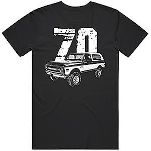 1970 Chevy K5 Blazer Front Three Quarter View with Year T Shirt L Black