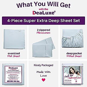 Extra Deep Pocket Queen Bed-Sheets – 4-Piece Includes: 18”-21” Inch Super Extra Deep Pocket Fitted Sheet – Oversize Flat Sheet – 2 Zipper Closure Pillowcases – Perfectly Fit – Queen Size – Light Blue