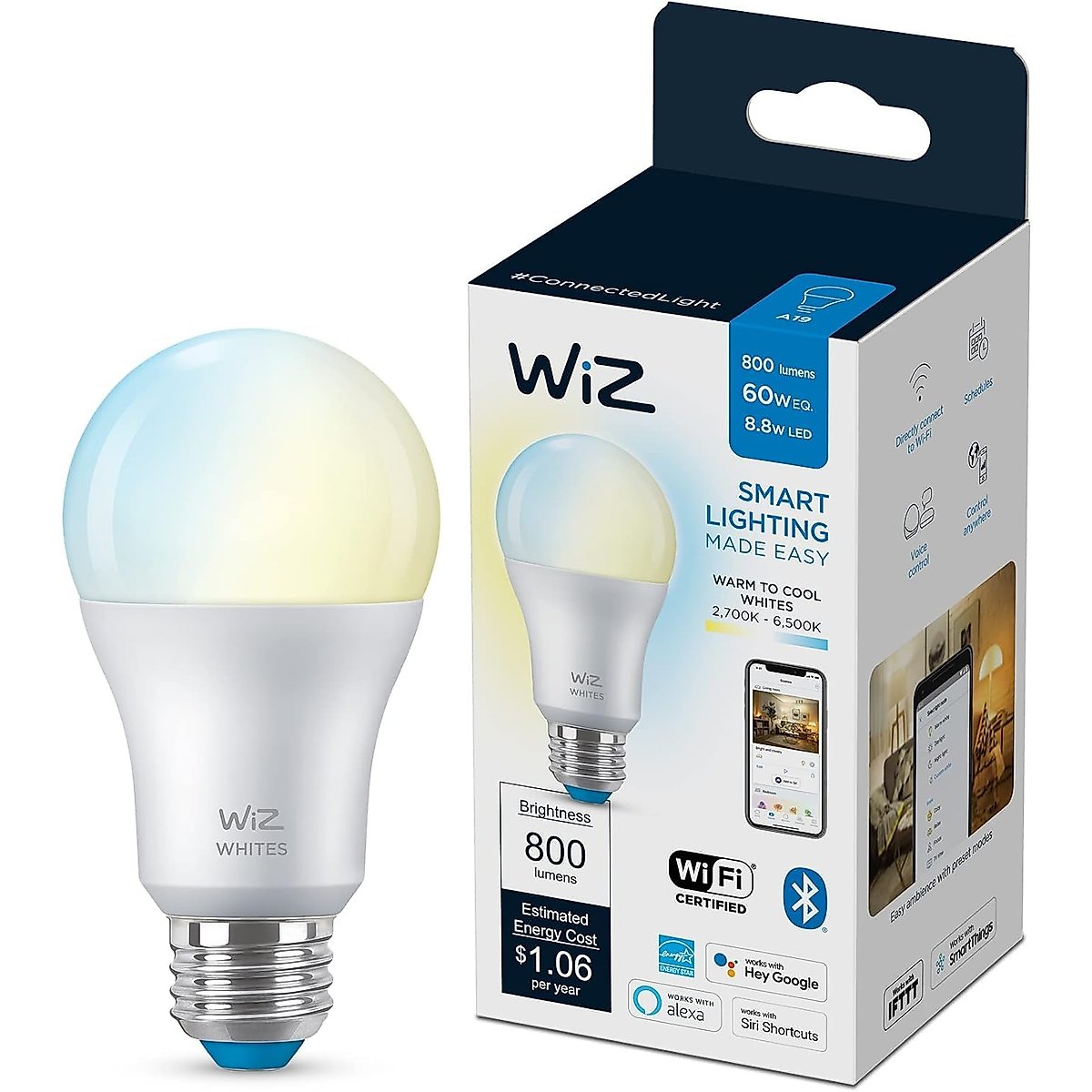 WiZ 60W A19 Tunable White LED Smart Bulb - Pack of 1 - E26- Indoor - Connects to Your Existing Wi-Fi - Control with Voice or App + Activate with Motion - Matter Compatible