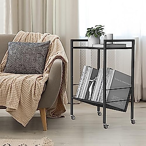 YBING Record Player Stand Black Record Player Table with Storage Up to 80 Albums Turntable Stand with Record Storage with Metal Frame and Wheels for Living Room Bedroom Office