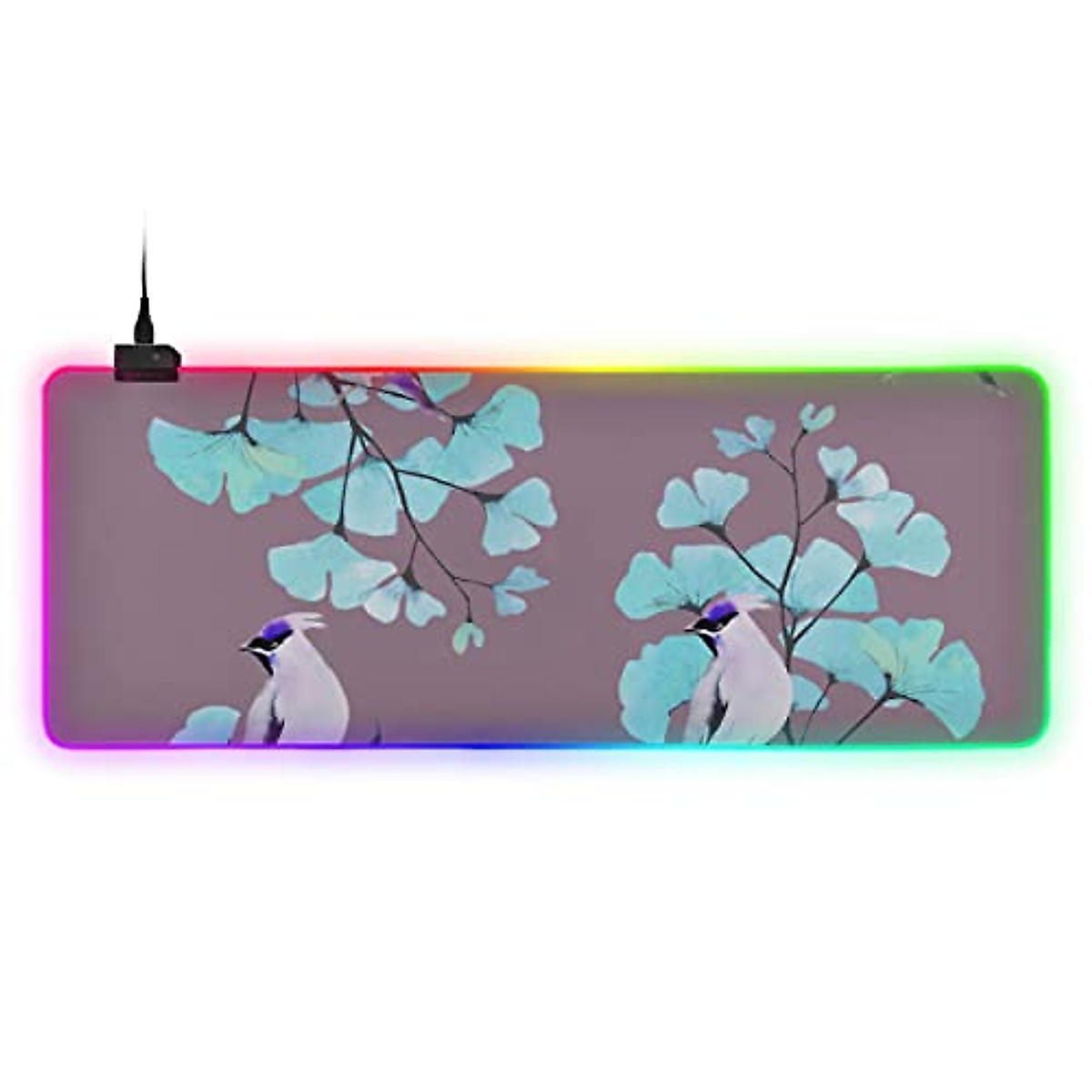 Large RGB Gaming Mouse Pad Ginkgo Leaves Birds Pattern Glowing Extended Mousepad 31.5x11.8in, Soft Anti-Slip Rubber Base Luminous Mouse Mat for Pc Laptop, Gaming, Office, Home