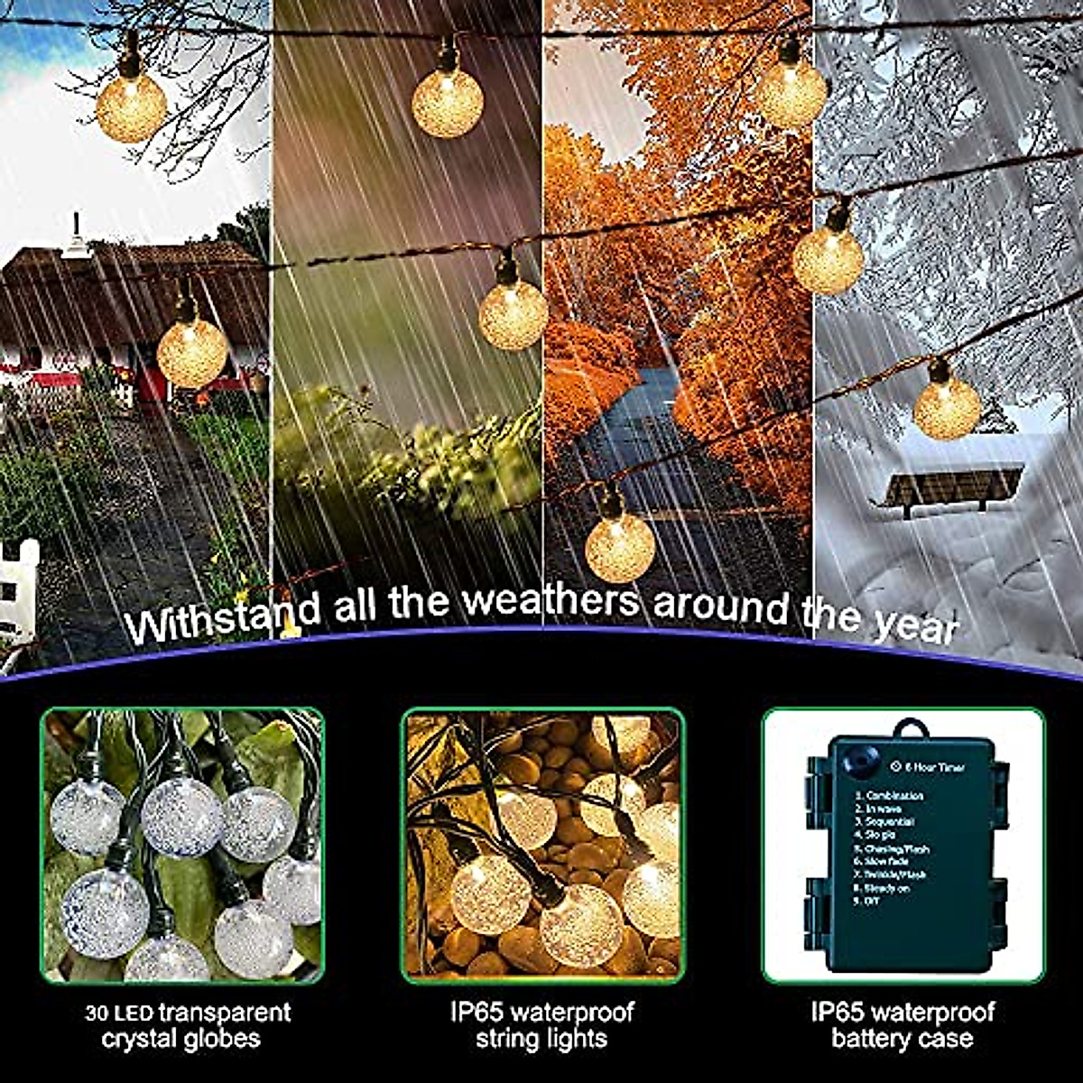Battery Operated Globe String Lights - Indoor Outdoor String Lights Waterproof Crystal Globe Lights 8 Modes 30 LED Patio Lights with Timer for Garden Balcony Pergola Party Decor, Warm White, 2 Pack