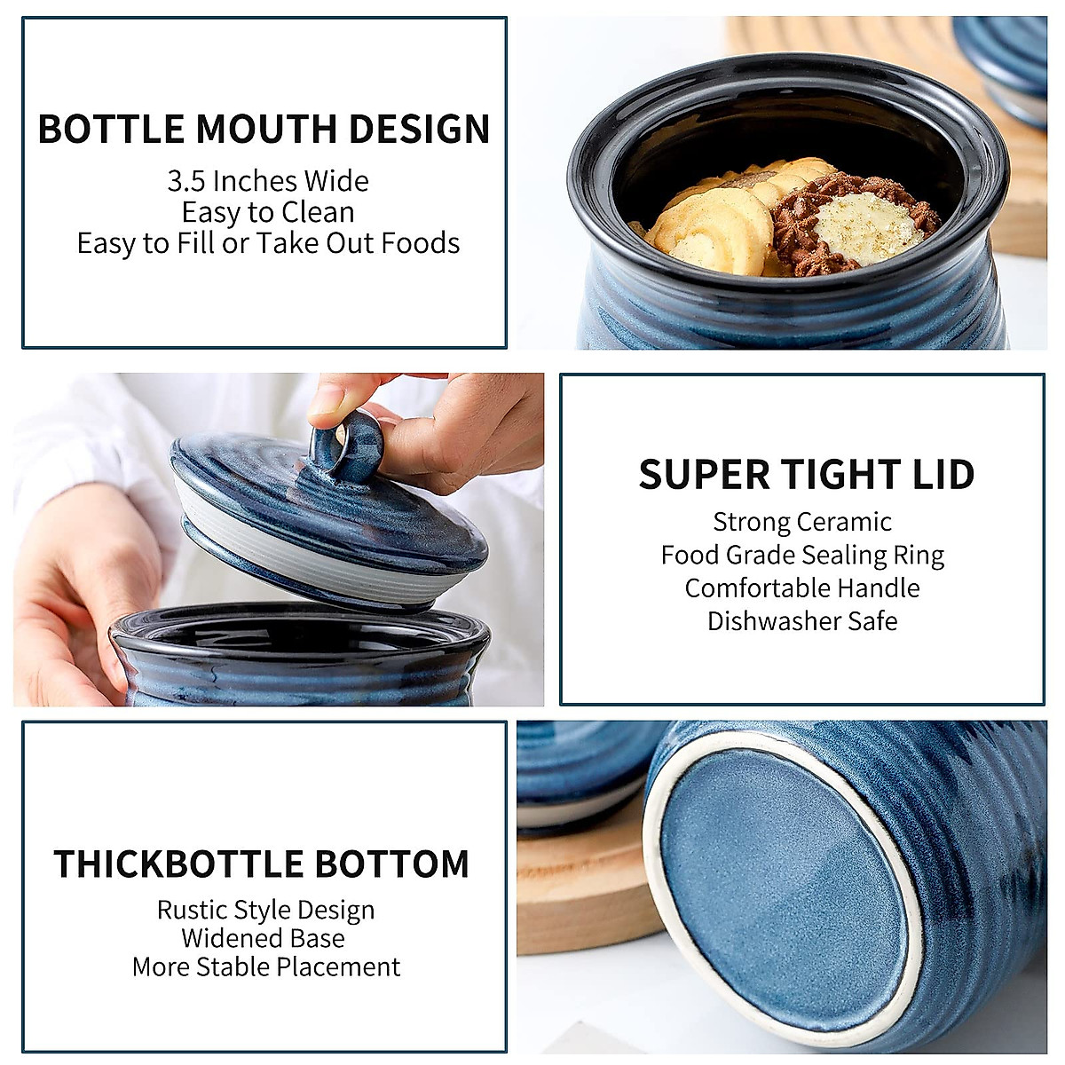 Tikooere Ceramic Kitchen Canister, Large Food Storage Jar with Aritight Lid for Coffee,Tea,Sugar,Flour,Cookie,Candy,Cereal,Dog Treat, 35 oz Coffee Canister for Kitchen Countertop, Blue