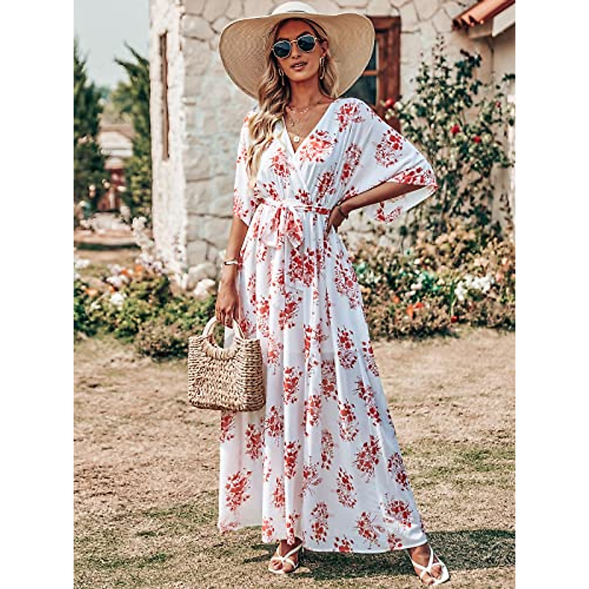 ANRABESS Women Kimono Summer Side Split Wrap V Neck Short Sleeves Maxi Dress Floral Print Beach Dress with Belt 487honghuacao-XL