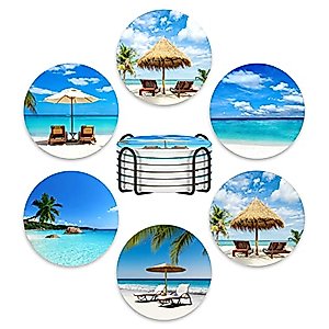 Nipichsha Coasters for Drinks, Set of 6 Beach Style Absorbent Ceramic Coasters with Holder and Cork Base, Cute Stone Drink Coasters for Cup Kitchen Home Decor Housewarming Gift, Round 4", Happy Beach