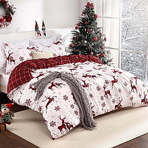 STARBEDIA Christmas Duvet Cover King, Soft Brushed Microfiber Comforter Cover Sets, Reindeer Printed Holiday Theme Bedroom Decorative Bedding (King Size, Red Plaid Deer)