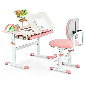 Costzon Kids Desk and Chair Set, Height-Adjustable Student Study Desk with Tiltable Desktop, Book Stand, Ergonomic Chair with Footrest, Writing Table & Chair Set for Boys Girls (Pink)