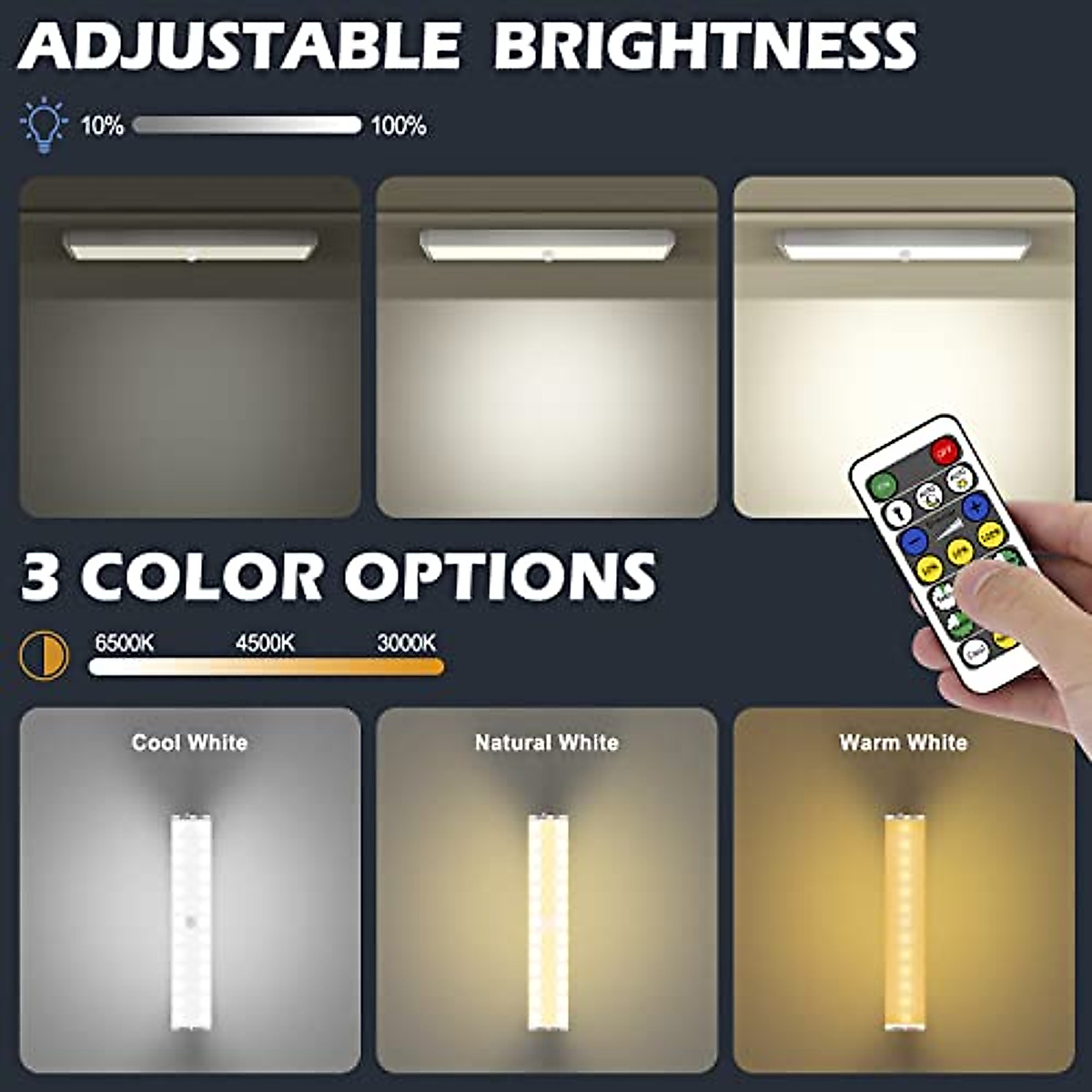 BLS LED Closet Lights, 38 LED Wireless Under Cabinet Lighting Battery Operated Lights with Remote, 1500mah Battery Powered Lights, USB Rechargeable Motion Sensor Light Indoor, Dimmable 3 Colors 3 Pack