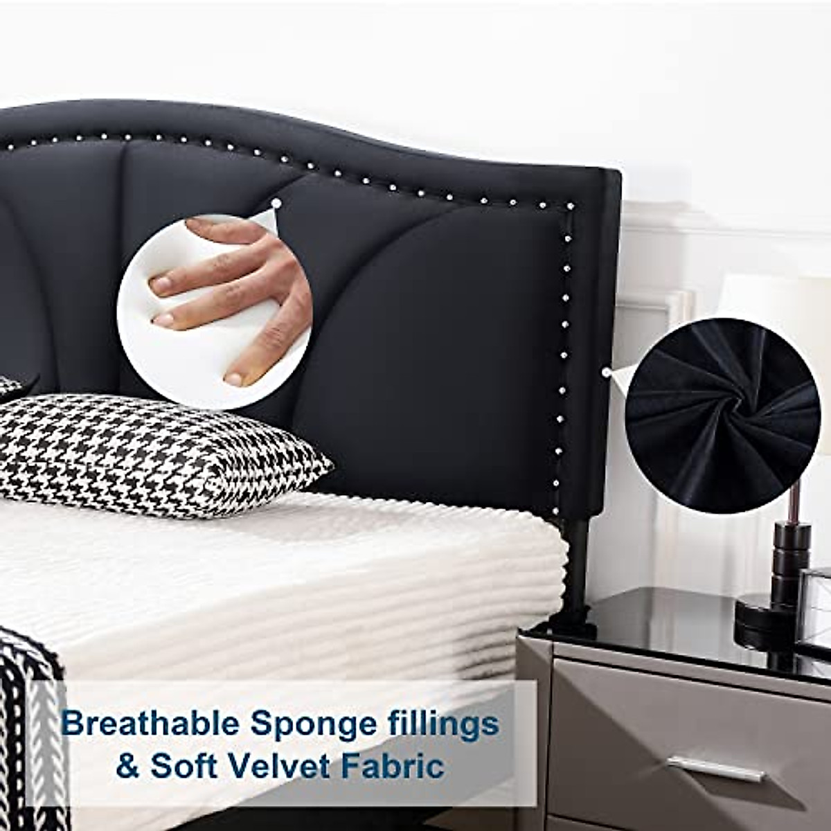 AsKmore Full Size Bed Frame,Velvet Upholstered Platform Bed with Decorative Flower Line & Nailhead Trim Headboard with Wood Slat Support,No Box Spring Needed,Easy Assembly, Black