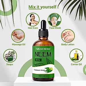 Natural Riches Neem Oil for Skin Care Cold Pressed, 100% Pure. Great for Hair Care, Skin, Nails, Acne Anti-Aging Moisturizer - You can also use it on plants. 4 fl. oz.