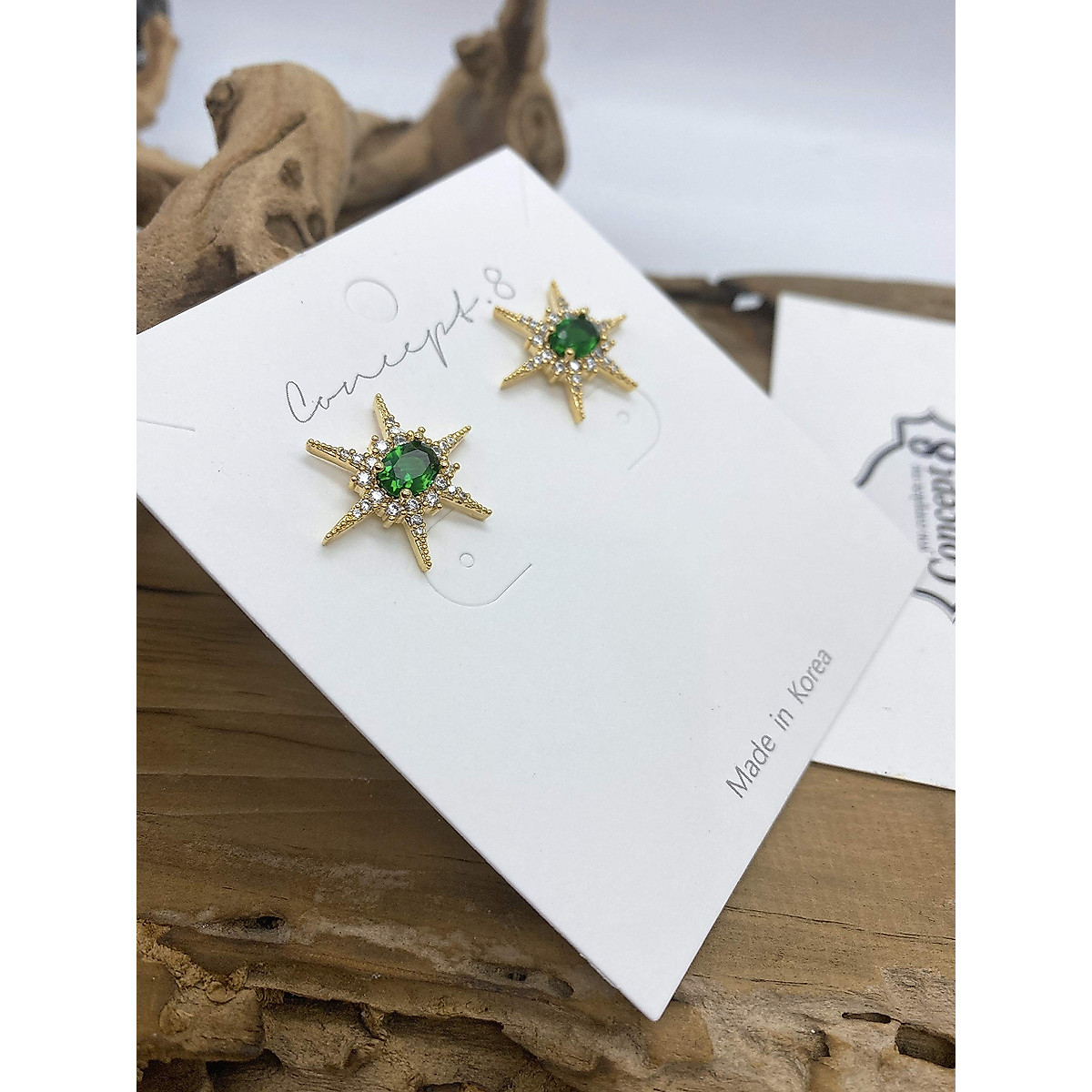 Concept8 colored glass 18K gold plated 925 silver post earrings made in korea (emerald)