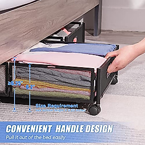 NiHome Under Bed Storage Containers with Wheels, Foldable Metal Under Bed Shoe Storage Drawers Cart, Tool Free Assembly Rolling Under Bed Storage Organizer for Toys Clothes Book Blanket, Black, 2PCK