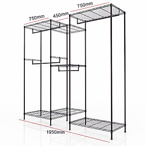 Clothing Rack with Shelves,Large Heavy Duty Wire Garment Rack,Adjustable Clothes Racks for Hanging Clothes,74x 18x 78.4Inches,Metal Rack for Bedroom (Diameter 19mm,Horizontal/L Shape Combination)