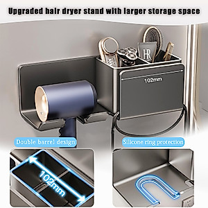 WISAZCDY Hair Dryer Holder Wall Mounted, Blow Dryer Holder for Bathroom, Double Storage Bucket Hollow Design, Ventilation & Dry, Salon, Bedroom Organizers & Storage Punch-Free Installation (Grey)
