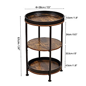 Dulcii Industrial Round End Table, 3 Tiers Round Side Table with Sturdy Metal Frame, Metal Round Sofa Table, Vintage Nightstand for Living Room Bedroom, Easy Assembly (Rustic Brown)
